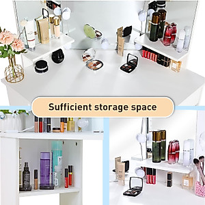 Likein Corner Vanity, Makeup Vanity Desk with Lights, Bedroom White Vanity with Lighted Mirror, Makeup Table with Drawers and Mirror for Women Girls, 3 Lighting Modes Brightness Adjustable