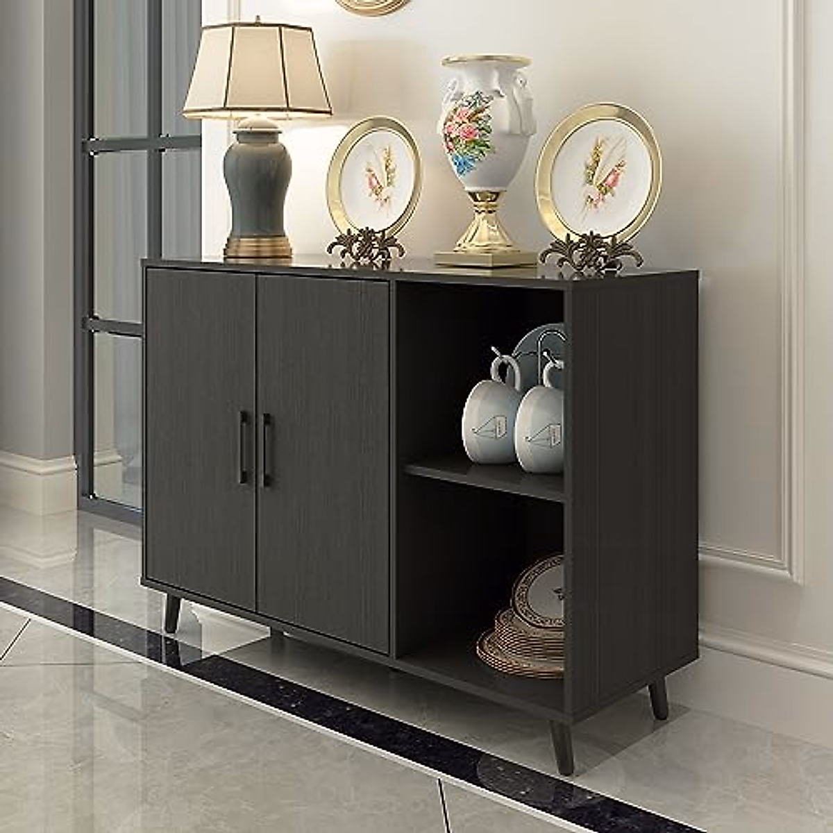 Gyger Kitchen Sideboard with 2 Door 2 Shelves,Black Buffet Cabinet with Storage for Dinning Room Living Room