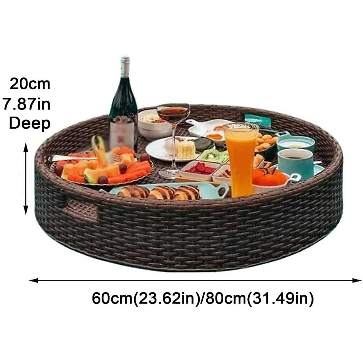 Rattan Woven Serving Tray Food Tray with Handles Luxury Floating Serving Tray Table Swimming Pool Floating Tray for Pool Serving for Wedding Photography Photo Shoot,White-80CM