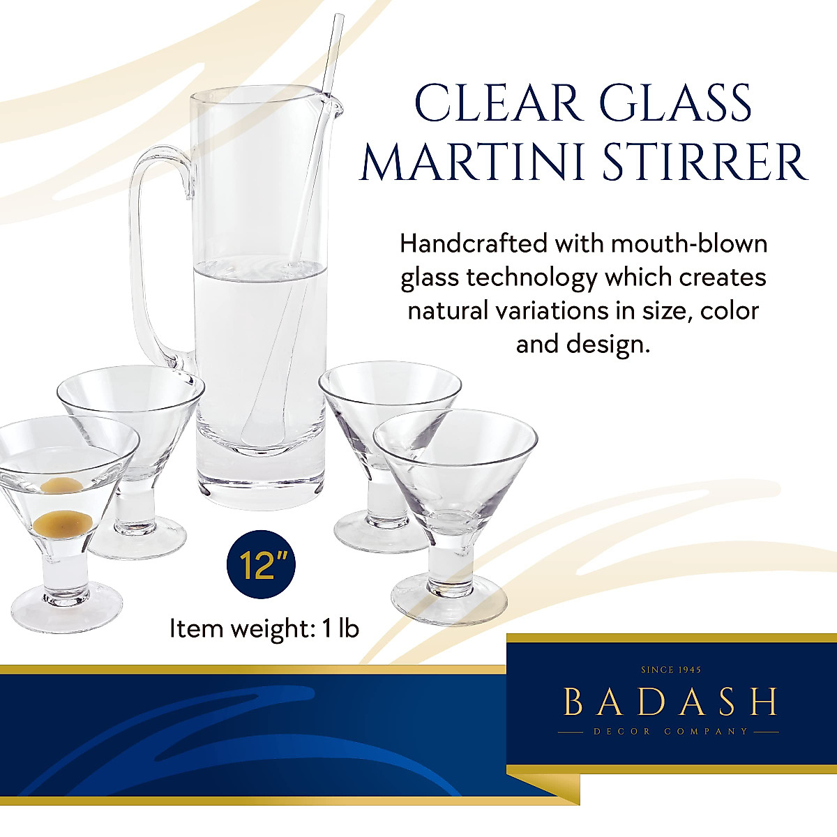 Badash Glass Cocktail Stirrer - 12" Long Mouth-Blown Lead-Free Glass Stir Rod - Bar Cocktail Shaker Spoon - Cocktail Stirrer for Drinks