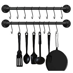 EGASON 21 inch Pot Pan Bar Rack Wall Mounted Set of 2 with 16 Hooks Industrial Pipe Pot Pan Hanger Rustic Iron Pan Hanging Rail Pipe Towel Holder Kitchen Utensil Organizer Black