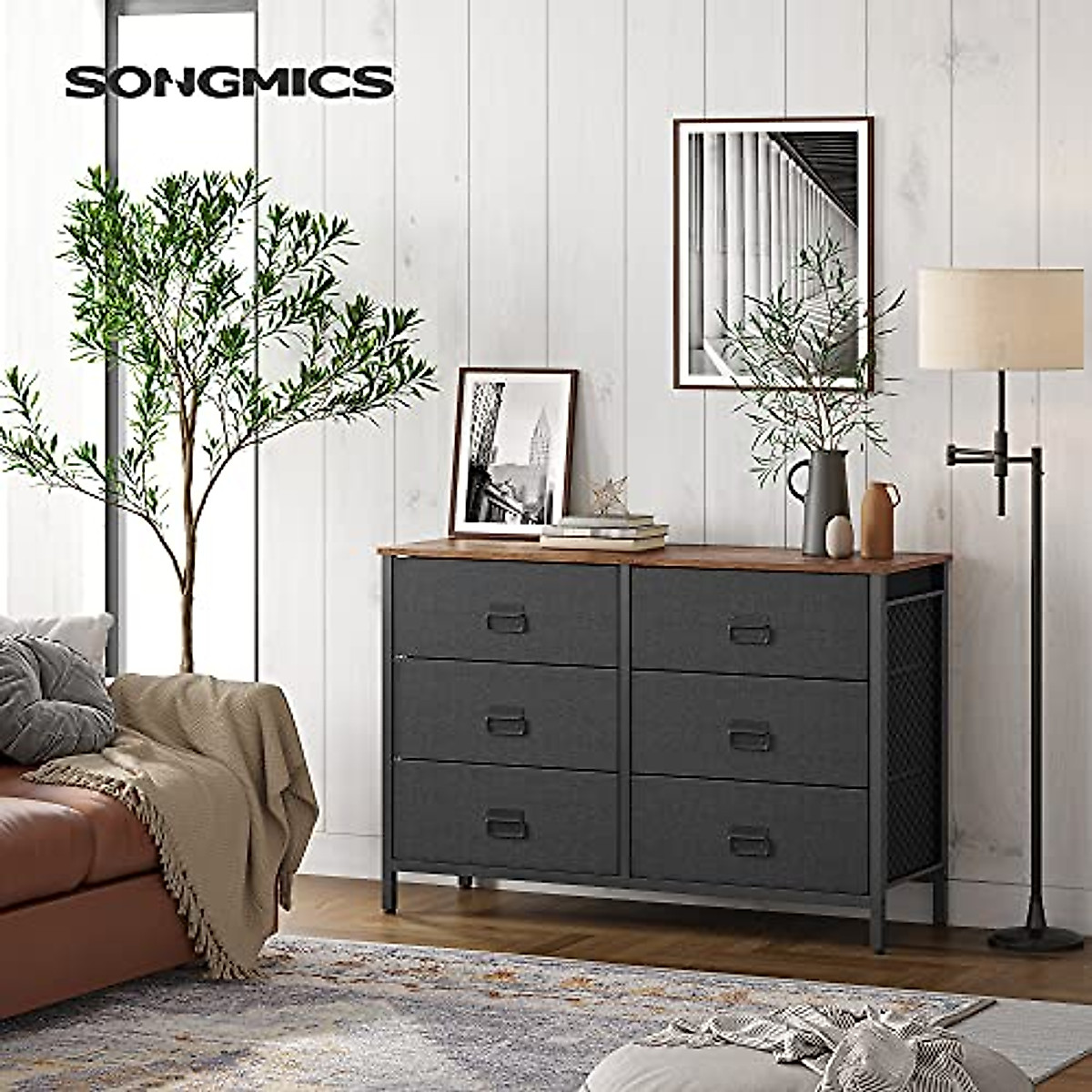 SONGMICS Dresser for Bedroom, Storage Organizer Unit with 6 Fabric Drawers, Steel Frame, for Living Room, Entryway, 6 drawers Brown + Black