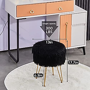 Mxfurhawa Faux Fur Storage Ottoman Round Furry Vanity Stool Marble Grain Tray Coffee Table Compact Footrest Stool with 4 Metal Legs Soft Makeup Seat Foot Stools for Living Room Bedroom Entryway Black