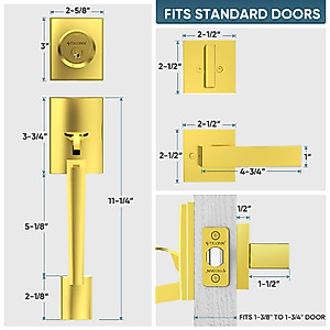 TICONN Front Door Handle Set, Heavy Duty Square Door Lever & Single Cylinder Deadbolt Combo Reversible for Entrance Exterior Doors (Polished Brass)