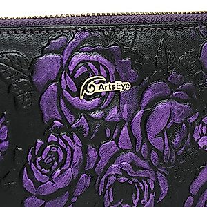ArtsEye Rose Embossed Genuine Leather Zip Around Wristlet Wallet (Purple)