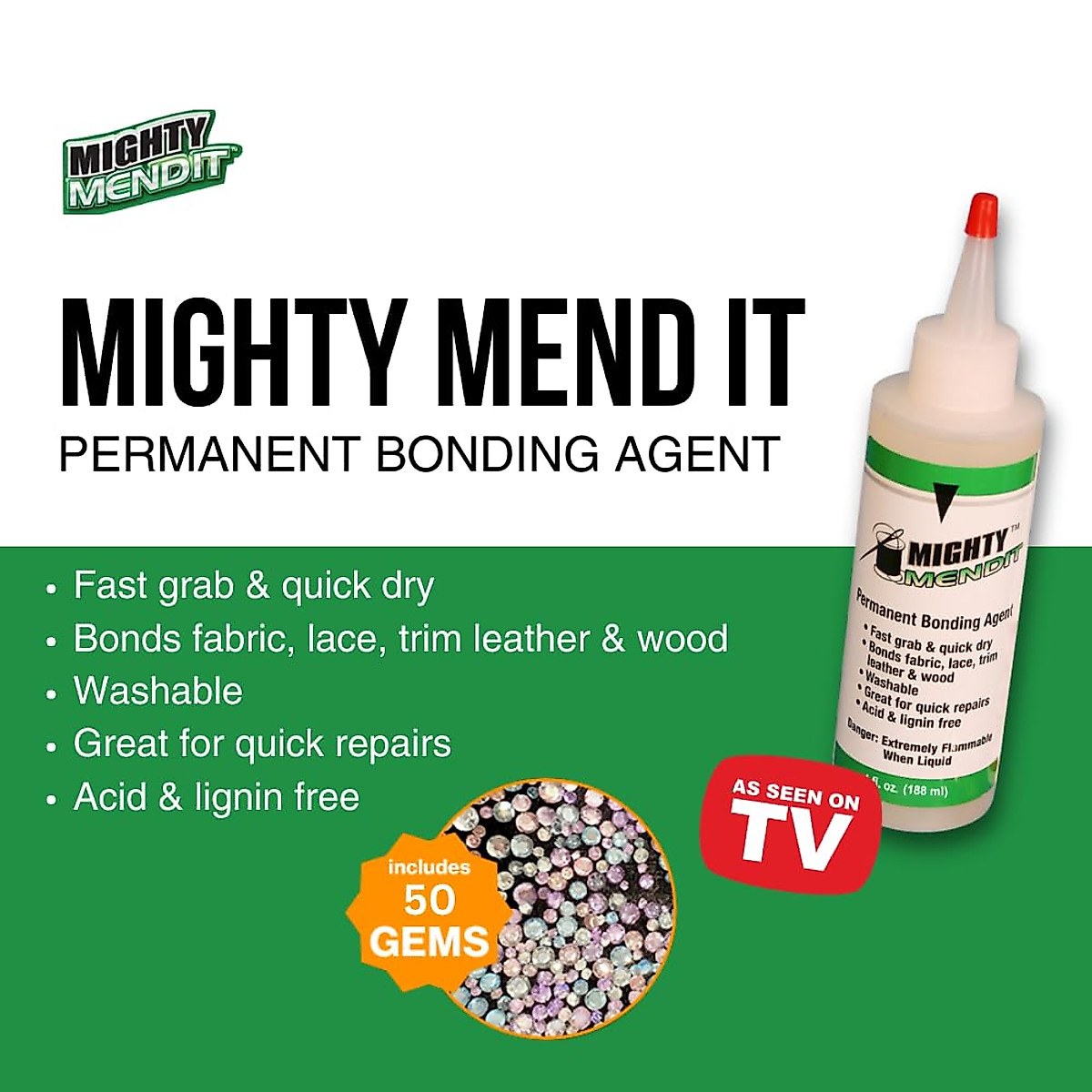 Mighty MENDIT™, Permanent Fabric Adhesive, Flexible Stretchable Washable, Clear, 4 oz, Plus Mighty GEMIT™, Embellishing Adhesive, 1 oz. Includes 50 Gems