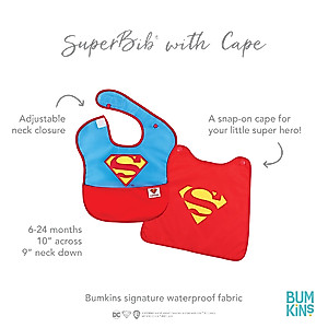 Bumkins Bib for Girl or Boy, Baby and Toddler for 6-24 Months, Essential Must Have for Eating, Feeding, Baby Led Weaning, Mess Saving Waterproof Soft Fabric, SuperBib with Cape, Superman DC Comics