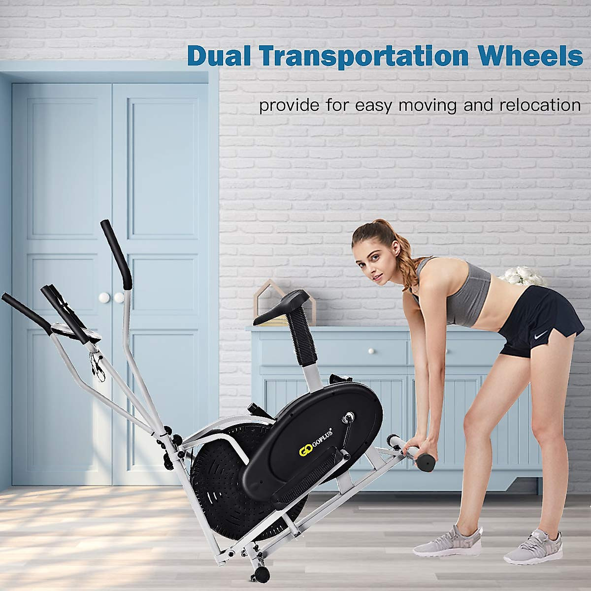 Nightcore 2 in 1 Elliptical Fan Bike Dual Cross Trainer Machine, Workout Exercise Bike with Electronic Display Screen Adjustable Seat & Two Pairs of Armrests for Indoor Home Office Gym Use, Black