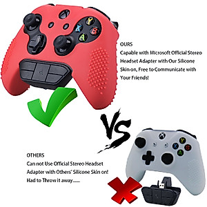 9CDeer 1 Piece of Studded Protective Silicone Cover Skin Sleeve Case + 8 Thumb Grips Analog Caps for Xbox One/S/X Controller Red Compatible with Official Stereo Headset Adapter