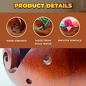 Savina Large Wooden Yarn Bowl & Crochet Tension Ring, Size 7in x 2.9in - Handcrafted from Solid Wood & Horn - Yarn Holder for Crocheting, Knitting.