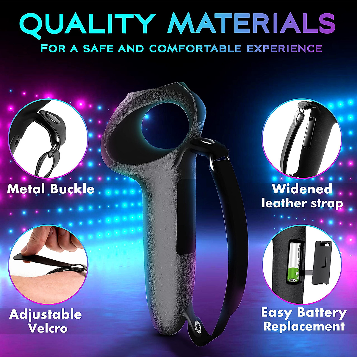 VirtualBuff Controller Grips Compatible with Oculus Quest 2, Extended Handle for Larger Hands, Easy Battery Replacement, VR Accessories with Silicone Cover and Leather Adjustable Hand Knuckle Straps