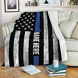 OhaPrints Custom Police Thin Blue Line Us American Flag Back The Blue Personalized Name Soft Sherpa Throw Blankets Cozy Fuzzy Fleece Throws for Tv Sofa Couch Comfy Fluffy Blanket 30X40 50X60 60X80