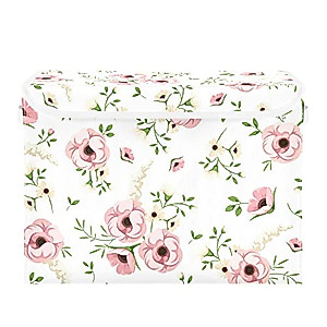 DOMIKING Pink Flowers Storage Baskets with Lids Decorative Rectangular Storage Bins for Toys Organizers Fabric Collapsible Storage Boxes with Handles for Toys Office Closet Nursery