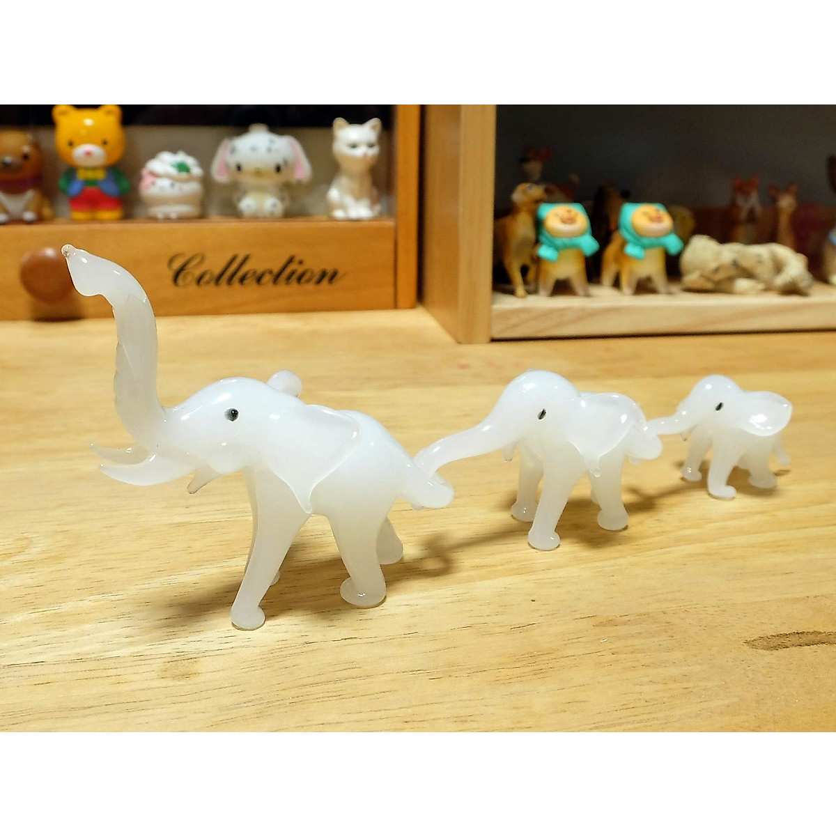 Handmade Set 3 Mini White Glass Elephant Blown Glass Art Wild Animal Collectible Figurines Figures Cool Stuff Ornament Miniature Gift Ideas for Anniversary Birthday Wedding Home Room Garden Decor No.2
