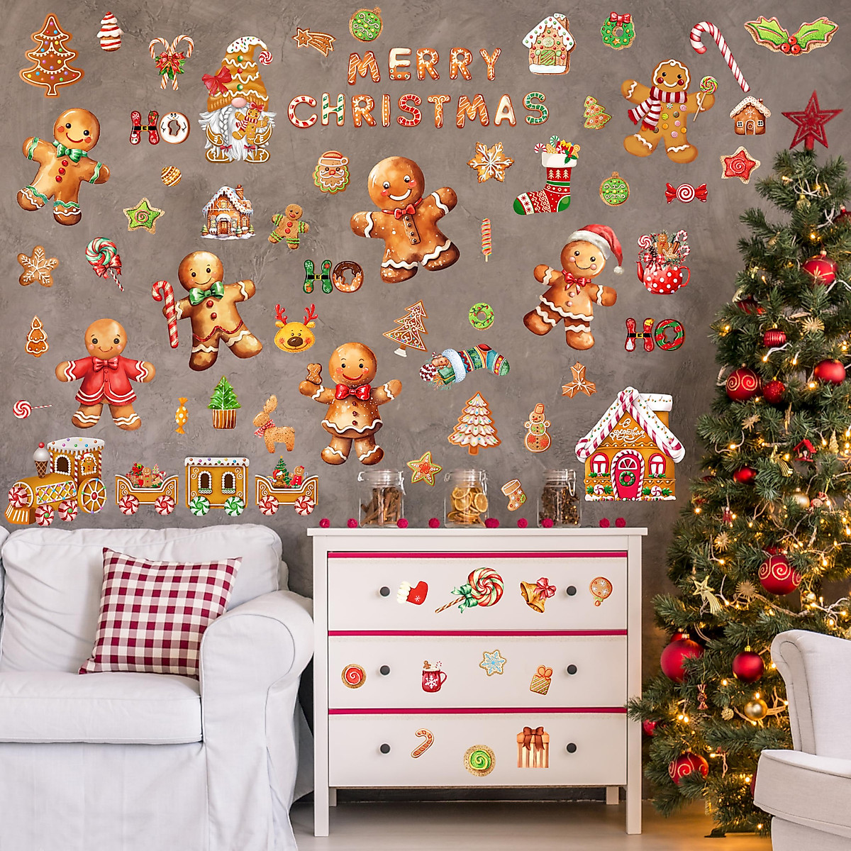 Christmas Gingerbread Wall Stickers Decoration 12 Sheets, Christmas Wall Decals Holiday Gingerbread Decor for Wall, Winter Candy Wall Vinyl Stickers for Living Room Bedroom Home Office Decor
