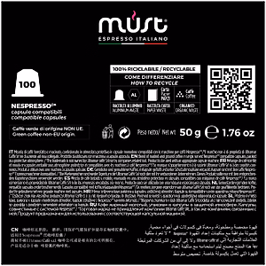 MUST, 100 Coffee Capsules in 100% Recyclable Aluminum, Ristretto Blend Intensity 7/8, 10 Packs of 10 Capsules, Compatible with Nespresso Machine, Made in Italy
