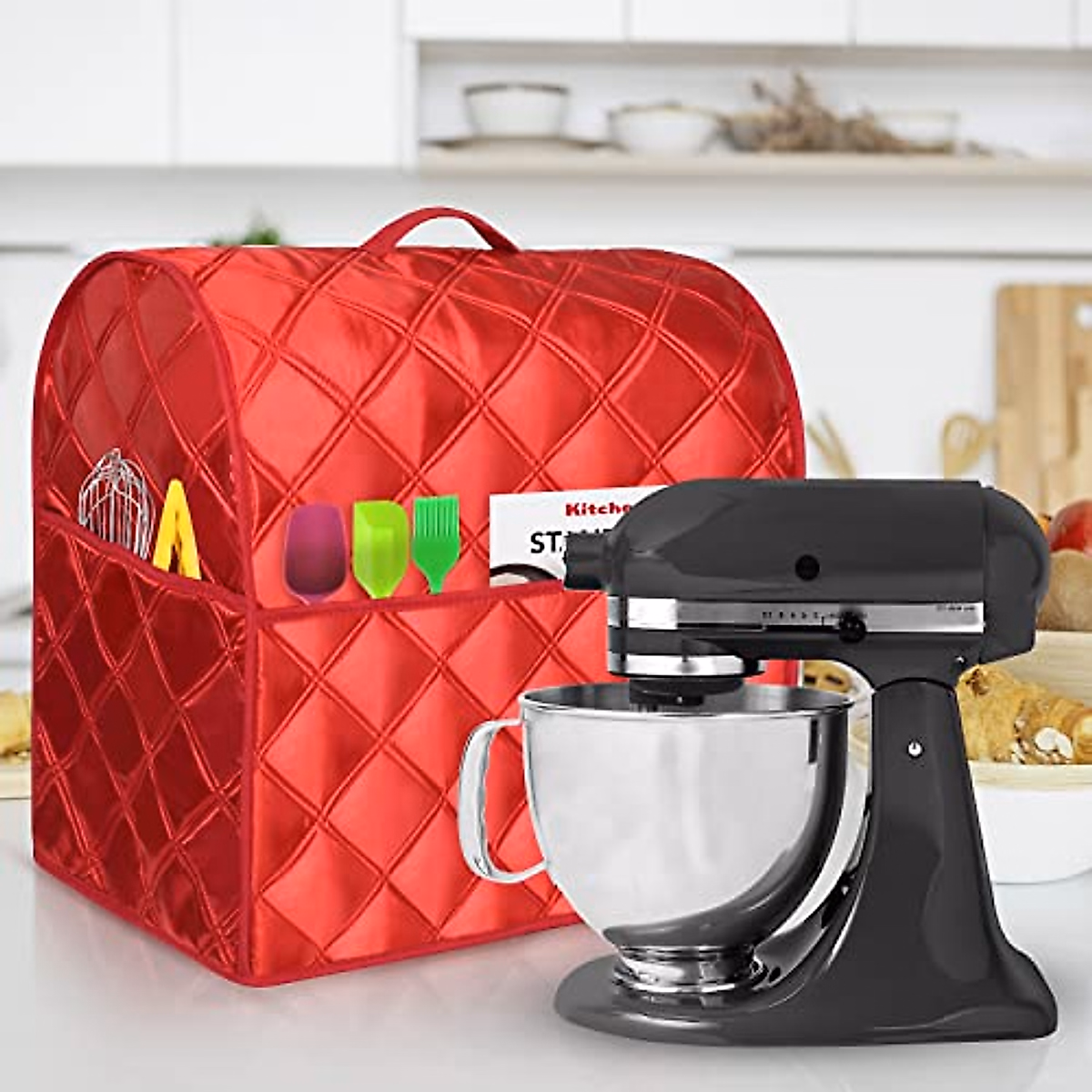 Stand Mixer Cover, Kitchen Aid Mixer Cover, Stand Mixer Accessory With Pockets for Stand Mixer and Extra Accessories,Fine, Soft, (Fit for Tilt Head 4.5-5 Quart, Red)