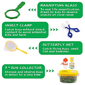 kaqinu Kids Explorer Kit, 24 PCS Outdoor Adventure Camping Kit & Bug Catcher Kit with Drawstring Bag, Binoculars, Compass, Butterfly Net, Educational Nature Exploration Toys Gift for Boys & Girls
