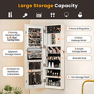 Giantex Jewelry Cabinet Armoire Door Wall Mount, 47.2in Lockable Touch Screen Lighted Full Length Mirror, 3 Lighting Settings, Inside Makeup Mirror, Jewelry Storage Box Organizer (Grayish White)