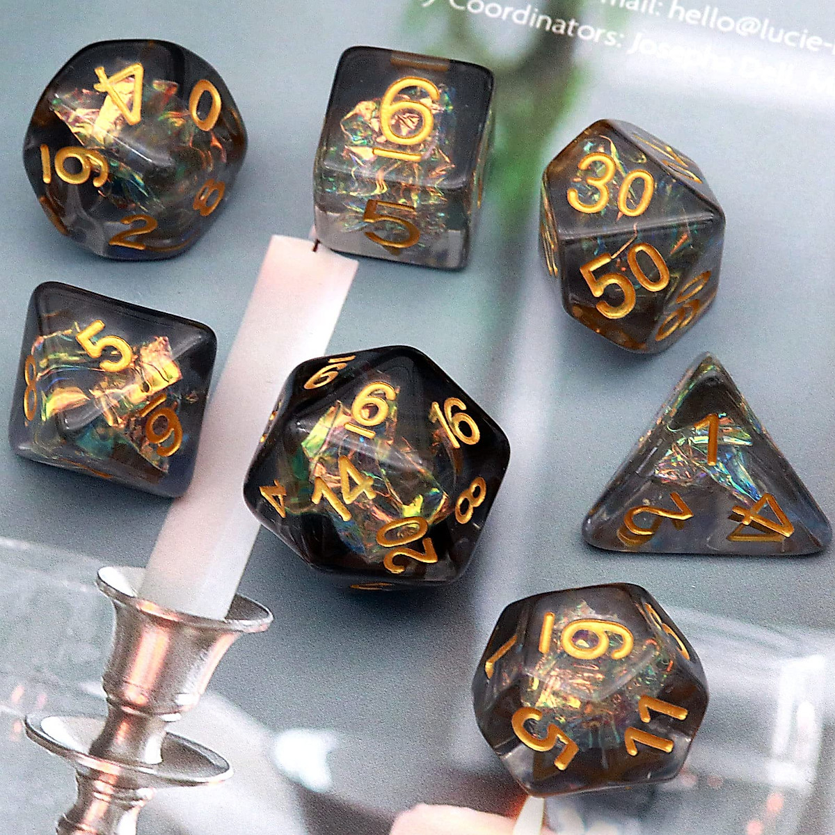 Haxtec Black DND Dice Set 7PCS Filled Resin Polyhedral D&D Dice W/Iridescent Mylar Inclusion Role Playing Dice Dungeons and Dragons Gift