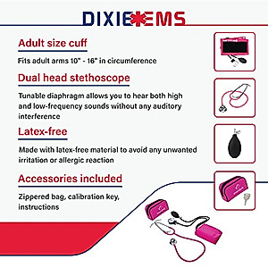 Dixie EMS Aneroid Sphygmomanometer and Dual Head Stethoscope Set with Adult Size Blood Pressure Cuff, Calibration Key and Carrying Case – Pink