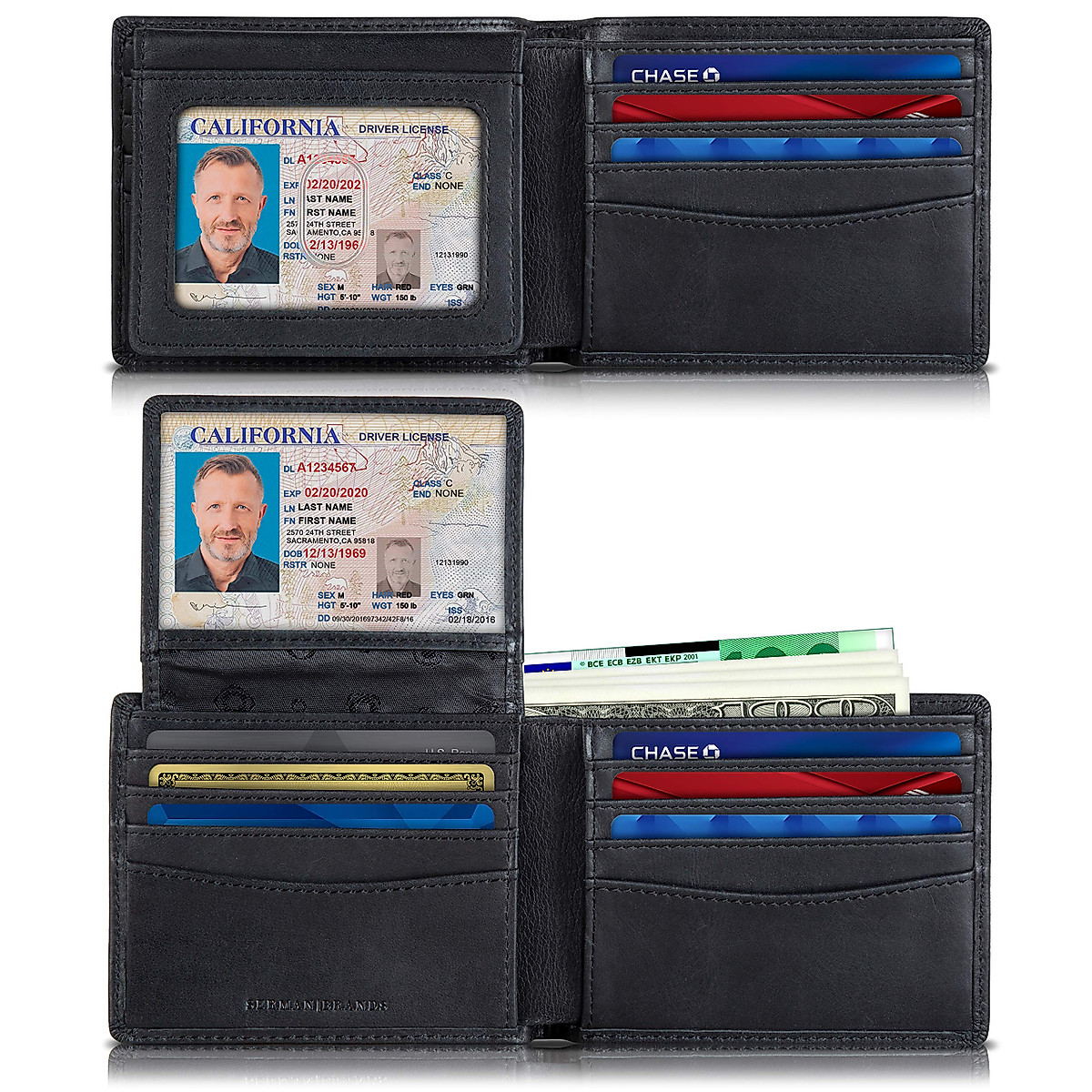 SERMAN BRANDS 2 ID Window Wallet for Men RFID Blocking Leather, Bifold Top Flip, Extra Capacity Travel Wallet (Charcoal Black Executive)