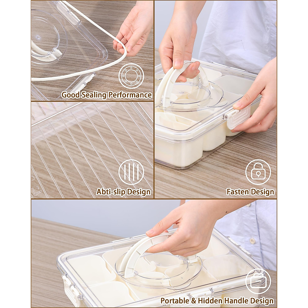 HAKPNEW Snackle Box Container with Lid & Handle, Divided Clear Snack Box Serving Tray, Refrigerator Organizers and Storage for Fruit, Candy, Charcuterie, Veggie, Perfect for Party, Travel, & Picnic