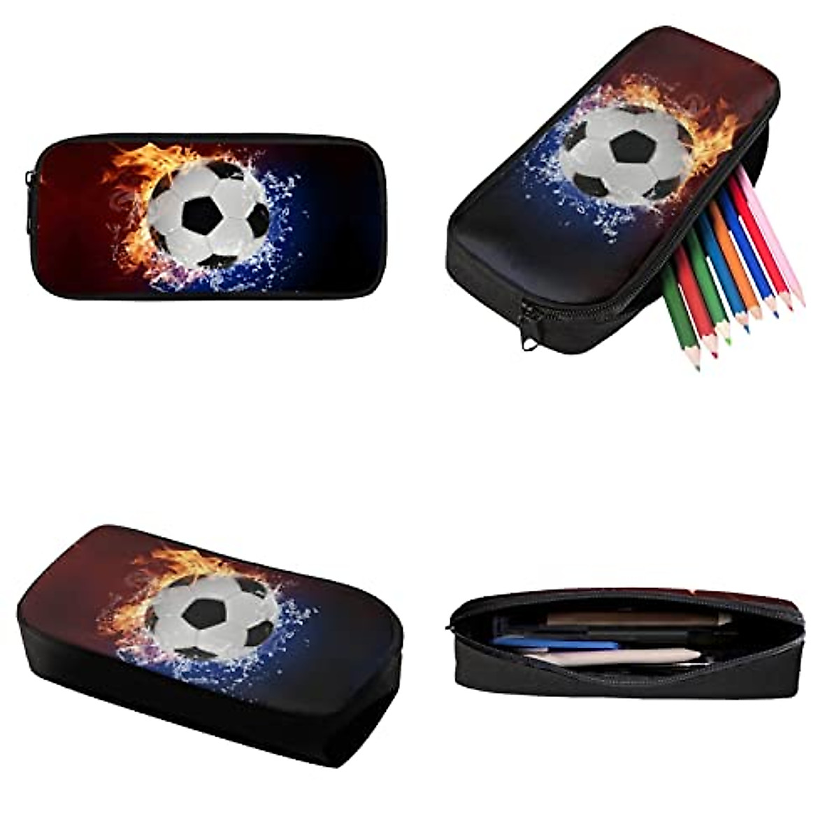 Salabomia Soccer Backpack for School Water & Fire Soccer Ball Backpack with Lunch Box Kids School Bookbag 3 in 1 Set School Bag with Lunch Bag Pencil Case, Large Lightweight Kids Backpack for School with Insulated Lunch Bag Cute Kawaii Pen Case, Blue