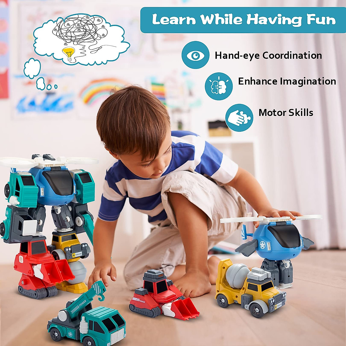 Karjoefar Toys for 3+ Year Old Boys- 4 in 1 Take Apart Robot Toys, Magnetic Assemble Transform Robot, STEM Building Toddler Car Transform Toys for Kids, Birthday Gifts 3-7