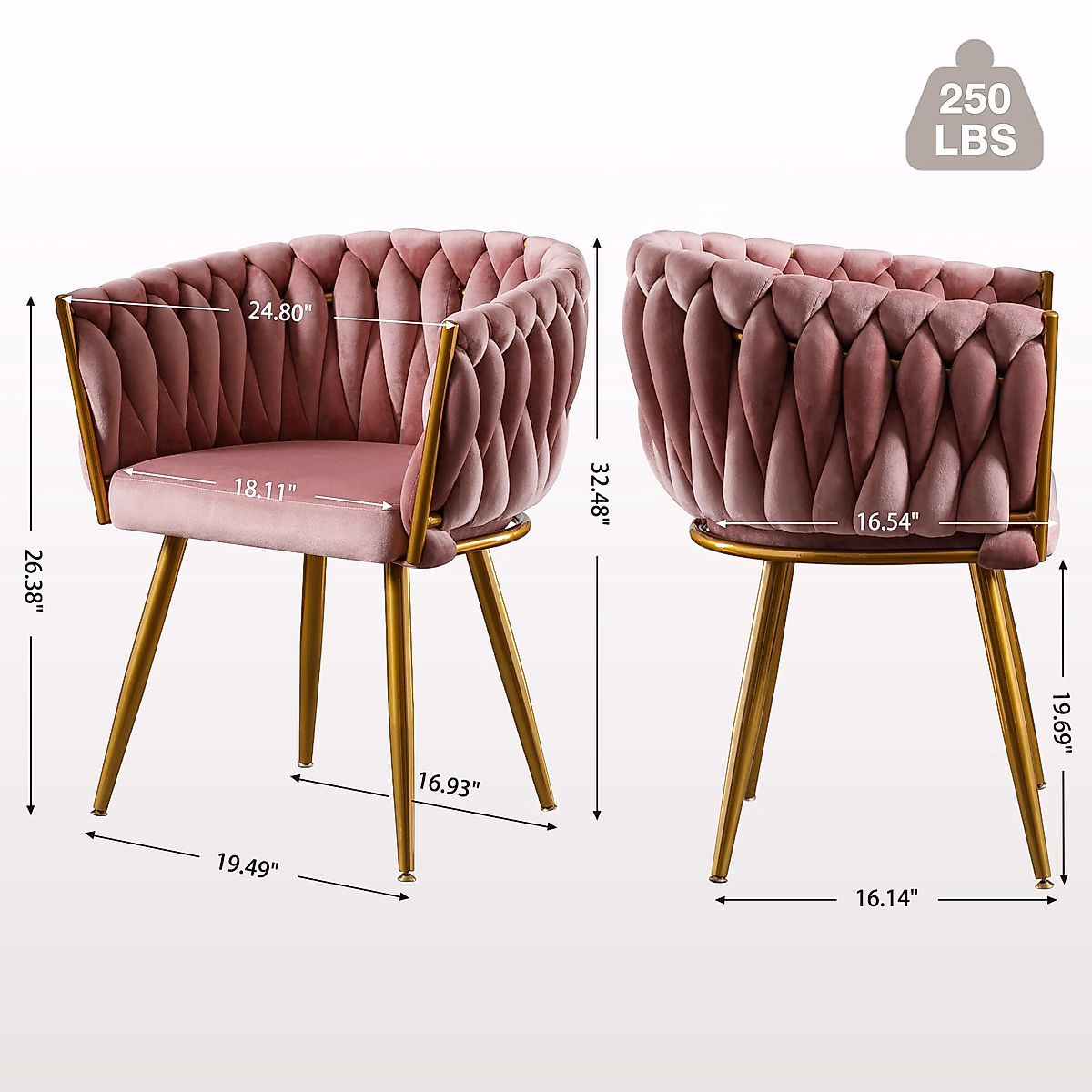 jonpony Woven Velvet Dining Chairs Set of 2, Kitchen Room Chair Living Room Chairs Upholstered Side Chair with Metal Legs Desk Chair for Dining Room Kitchen Vanity Patio, Pink