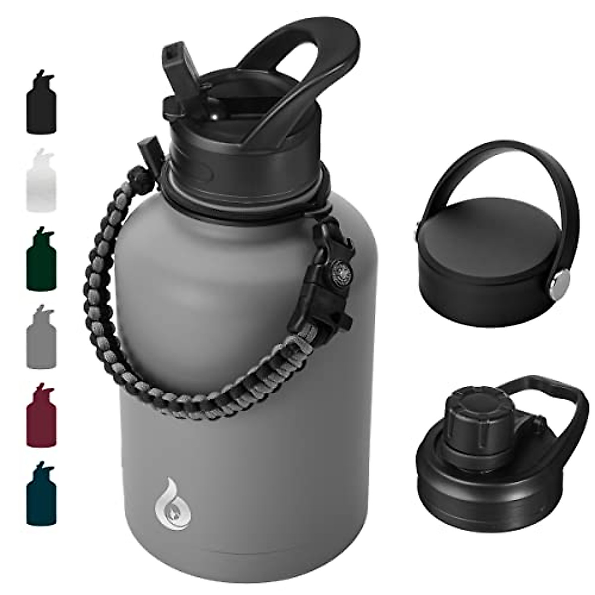 BJPKPK Insulated Water Bottles with Straw Lid,50oz Large Water Bottle,Stainless Steel Vacuum Water Bottle,Hot & Cold Insulated Water Bottles with 3 Lids and Paracord Handle,Gray