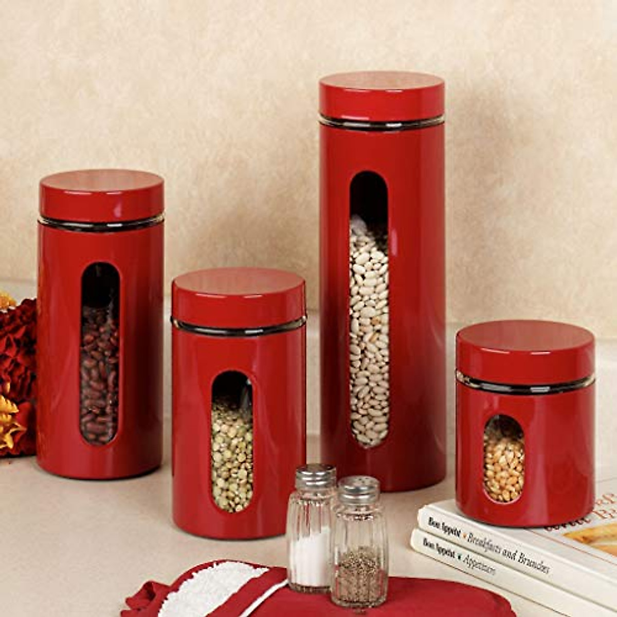 Quality Modern Red Stainless Steel Canister Set for Kitchen Counter with Glass Window & Airtight Lid - Food Storage Containers with Lids Airtight - Pantry Storage and Organization Set