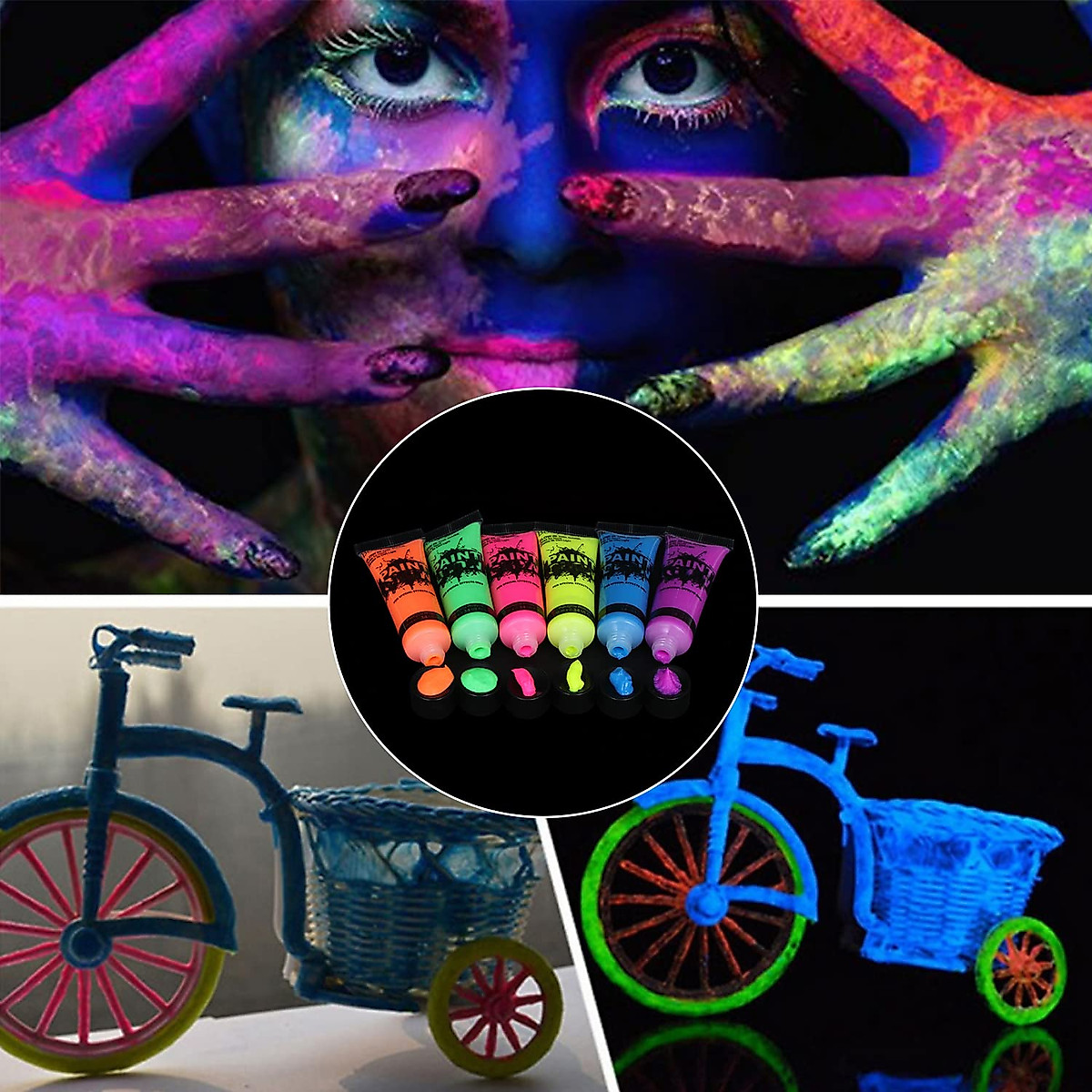 Amareu Glow in Dark Body Paint Body&Face Glow Backlight Neon Fluorescent 0.34oz Set of 6 Tubes
