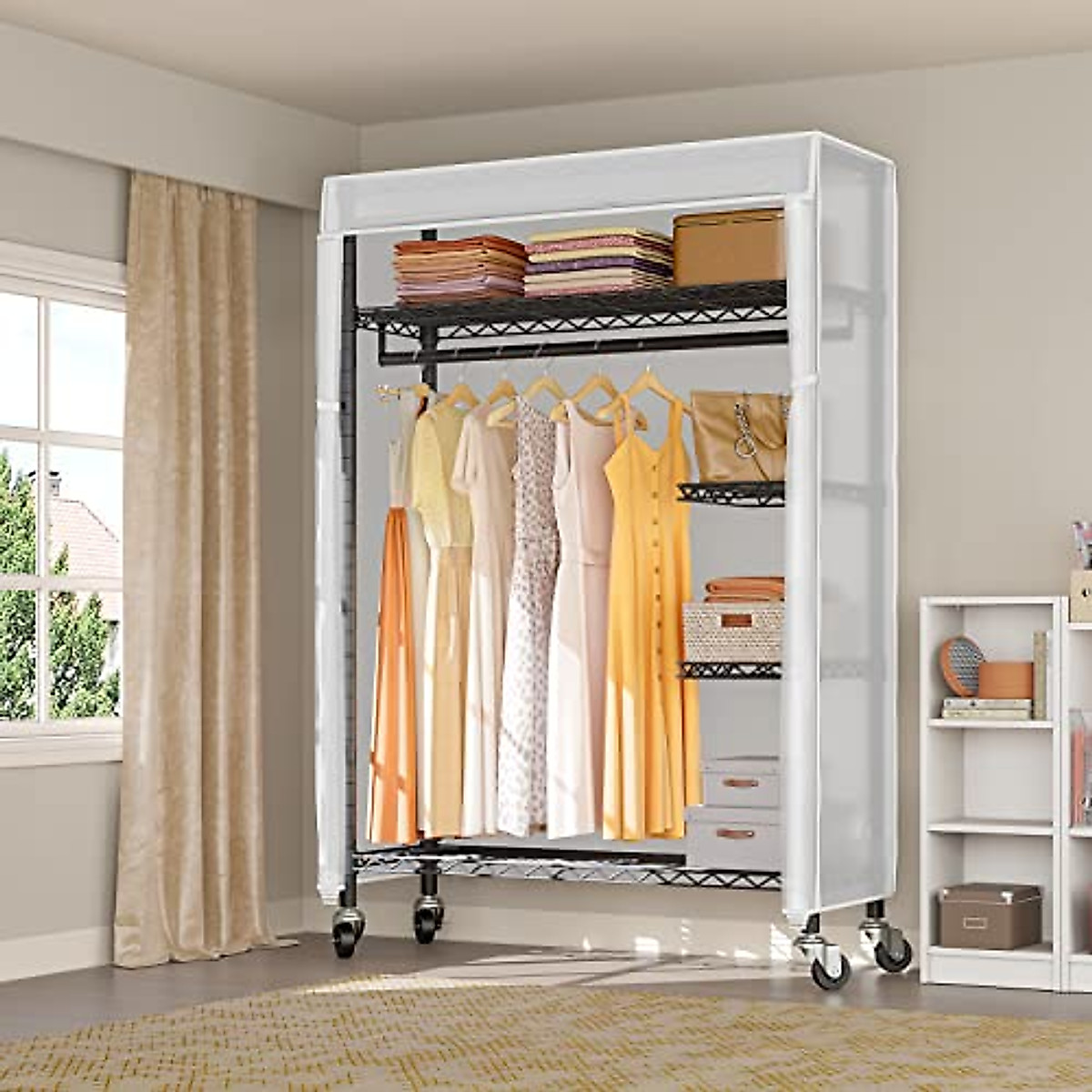 VIPEK V11C Wire Garment Rack Rolling Clothes Rack Heavy Duty Portable Closets with Lockable Wheels Adjustable Wardrobe Black Metal Clothing Rack with Frosted Translucent Cover, Max Load 452LBS