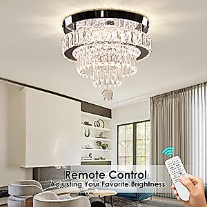 Cainjiazh 11.8" Dimmable Crystal Chandelier Crystal Ceiling Light Modern Crystal Chandeliers Flush Mount Ceiling Light Lamp Fixture for Dining Room Living Room Bedroom Hallway Remote Control