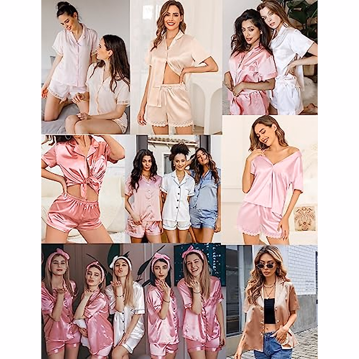 SWOMOG Ladies Pajamas Sets Satin Pajamas Womens Short Sleeve Sleepwear Soft Silky 2 Piece Loungewear Pjs for Bridal