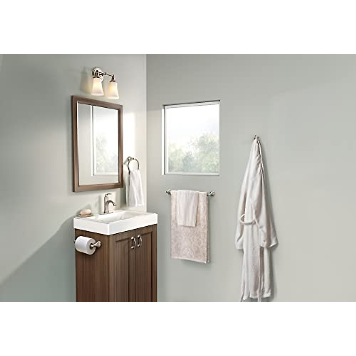 Moen Y1394BN Wellton Bath Accessory Collection, Brushed Nickel & Brushed Nickel Adjustable 44-72-Inch Tension Mounted Straight Shower Curtain Rod for Bathroom, TR1000BN