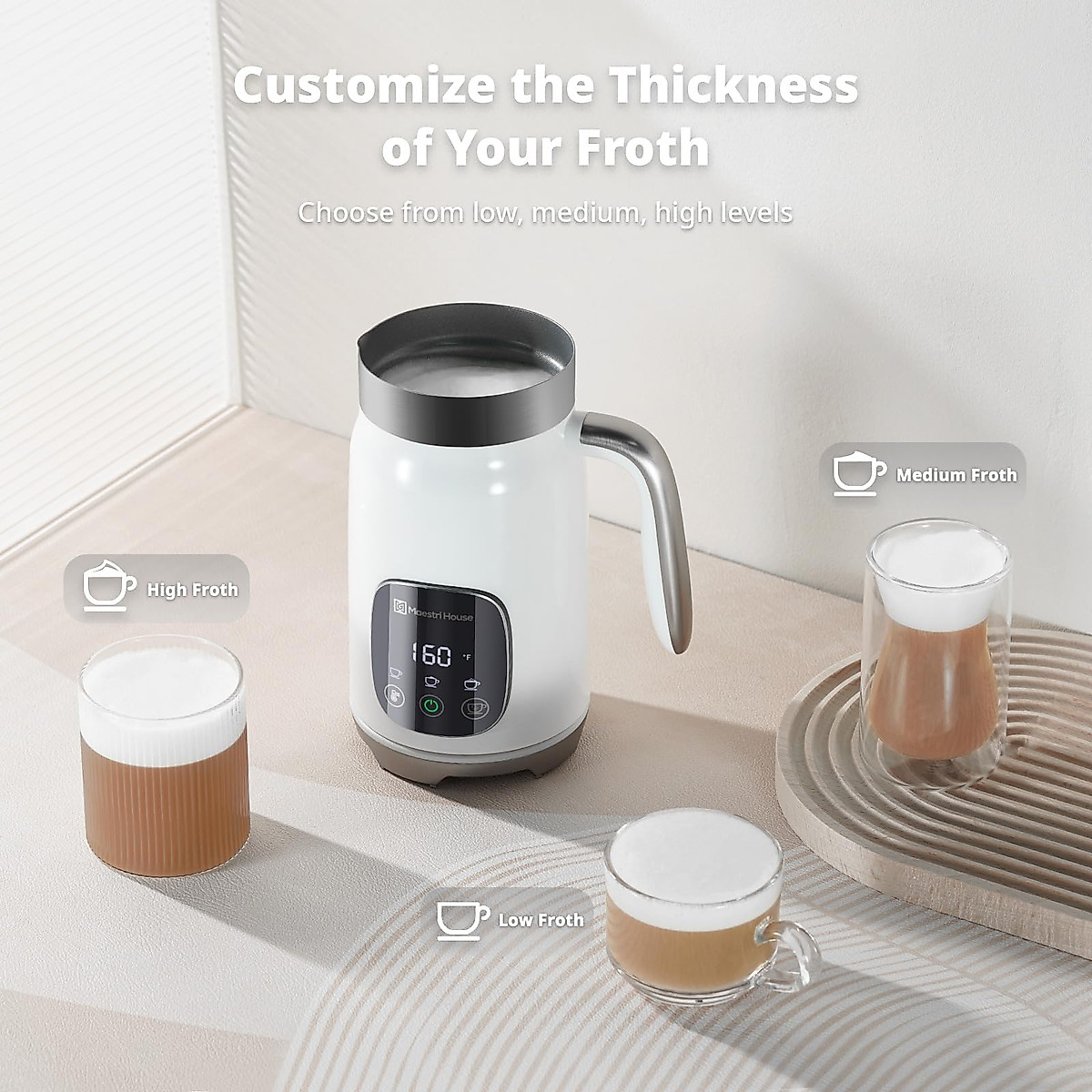 Maestri House Milk Frother, Variable Temp and Froth Thickness Milk Frother and Steamer, 500ML Smart Touch Control Foam Maker, Memory Function for Latte, Warm Milk, Hot Chocolate