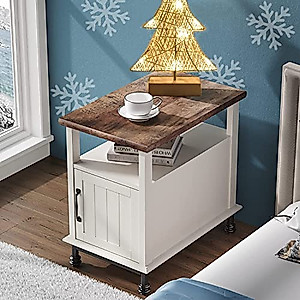 WAMPAT Farmhouse Nightstand, Premium Wood Accent End Side Table with Open Storage, Cabinet and Back Shelf for Living Room and Bedroom, Metal Feet, 24", White/Oak