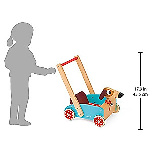 Janod Crazy Doggy Cart – Adorable Wooden Push Toy Walker with Storage – Dog Bell Rings When the Cart is Pushed - Encourages Walking and Discovery – Ages 1+ years.