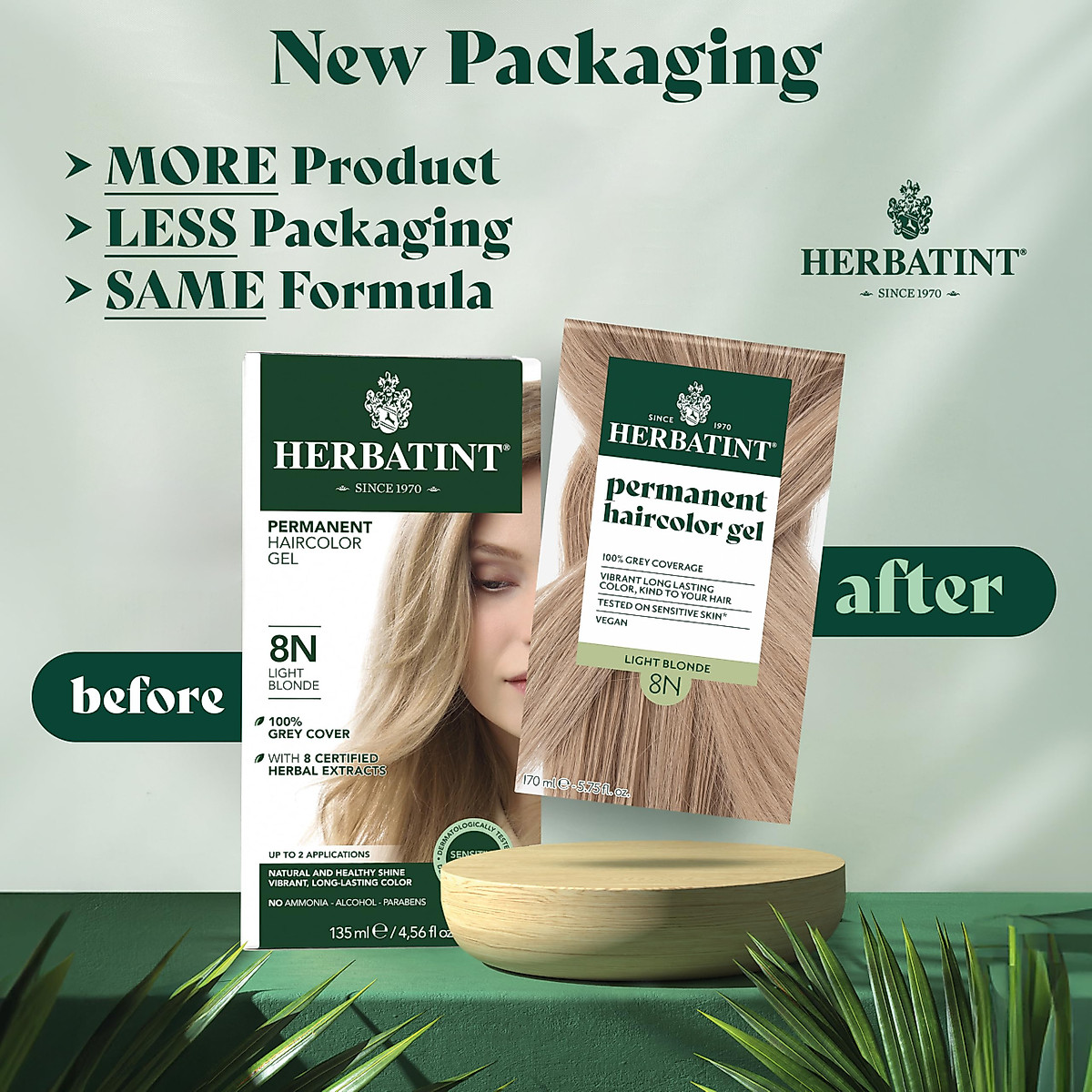 Herbatint Permanent Haircolor Gel, 8N Light Blonde, Alcohol Free, Vegan, 100% Grey Coverage - 4.56 oz