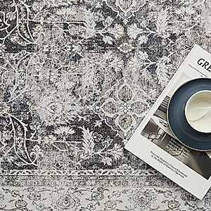 RUGSREAL Vintage Area Rug 5' x 7' Machine Washable Traditional Distressed Area Rugs Indoor Floor Cover Carpet Rug Velvet Mat Foldable Persian Accent Rug for Floor Decoration, Grey