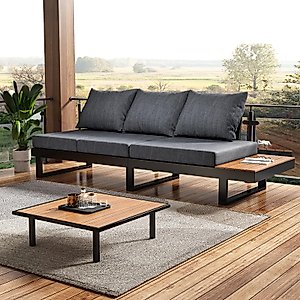 LUXOAK 3-Piece Patio Furniture Sets, Outdoor Aluminum Furniture Sofa, with Wood Side Table & Washable Cushions（Adjustable Backrest）