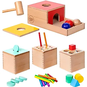 Pidoko Kids Montessori Toys for 1 Year Old - Wooden Object Permanence Box, Coin Drop, Color and Shape Sorter Top | Baby Toys 12-18 Months - 1st Birthday Gifts Boy Girl - Learning Toys for 1+ Year Old