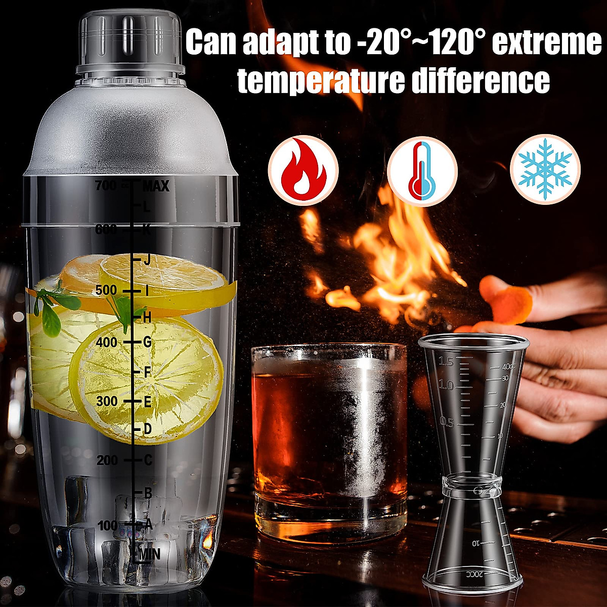 10 Pcs Plastic Cocktail Shaker Set, Including 8 Pcs 24 oz Clear Drink Shaker Drink Mixer Boba Tea Shaker 2 Pcs Cocktail Jigger Plastic Double Measuring Jigger for Bar Coffee