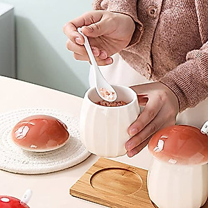 Mozacona Ceramic Mushroom Shape Sugar Bowl Spice Jar Seasoning Pot with Lid Spoon