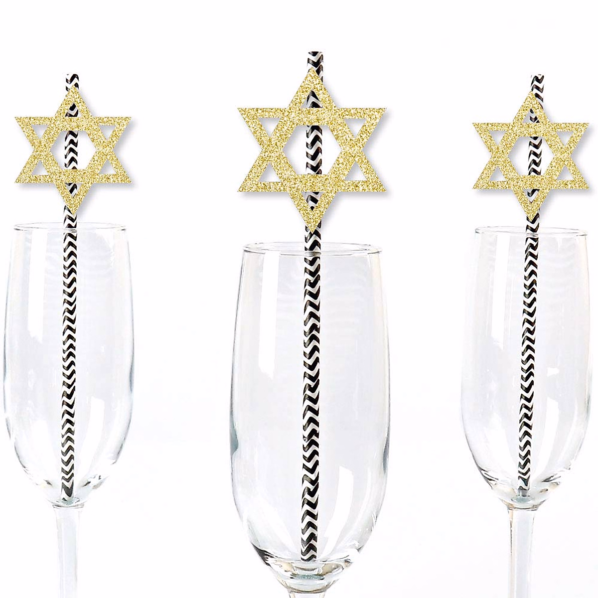 Gold Glitter Star of David Party Straws - No-Mess Real Gold Glitter Cut-Outs & Decorative Hanukkah Paper Straws - Set of 24
