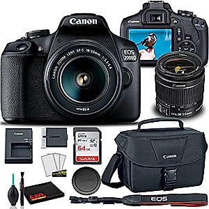 Canon EOS 2000D DSLR Camera with 18-55mm Lens + EOS Bag + Sandisk Ultra 64GB Card + Cleaning Set and More (International Model) (Renewed)