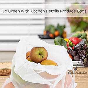 Kitchen Details 3 Pack Reusable Cotton Mesh Produce Bags | Green Living | Drawstring | Fruit and Vegetable Bags & Organizers | Good for Grocery Shopping | White