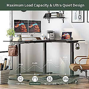 FEZIBO Triple Motor L-Shaped Electric Standing Desk, 63 Inches Height Adjustable Stand up Corner Desk, Sit Stand Workstation with Splice Board, Black Frame/Black Top